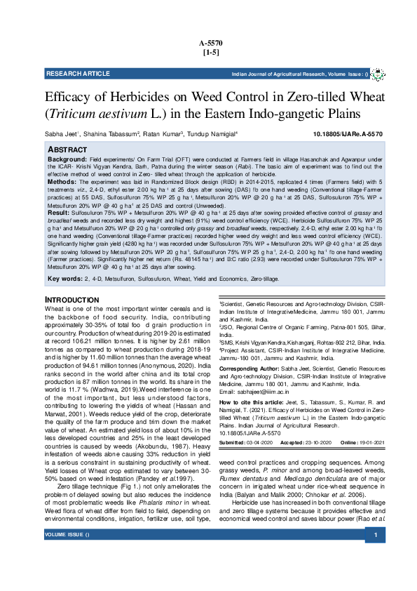 (PDF) Efficacy of Herbicides on Weed Control in Zero-tilled Wheat ...