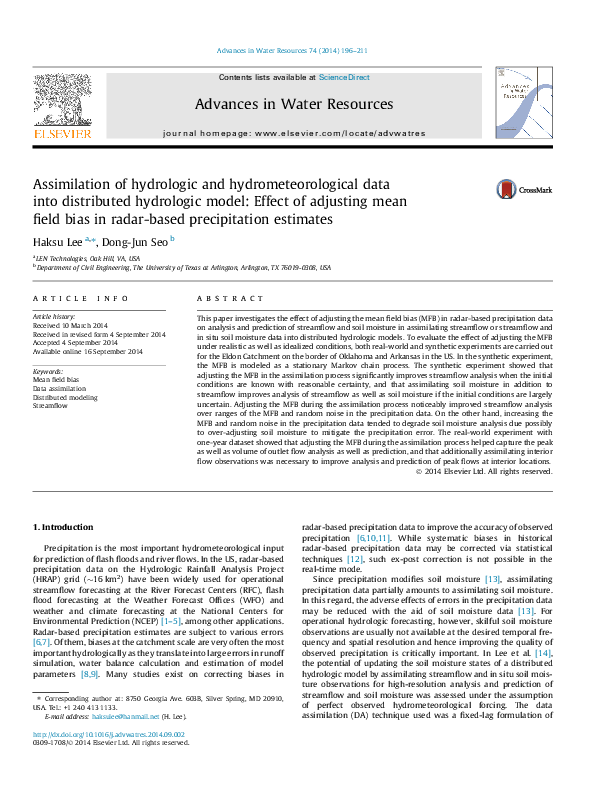 (PDF) Assimilation of hydrologic and hydrometeorological data into distributed hydrologic model ...