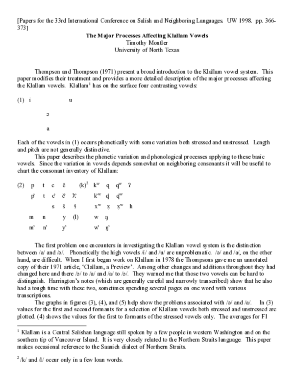 (PDF) The Major Processes Affecting Klallam Vowels