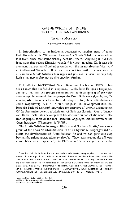 (PDF) On the Origins of š in the Straits Salishan Languages