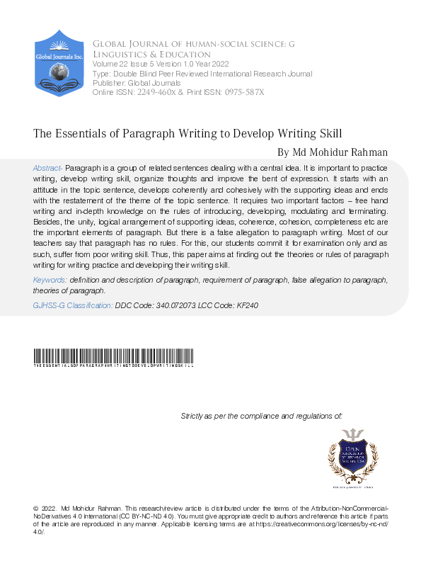 (PDF) The Essentials of Paragraph Writing to Develop Writing Skill