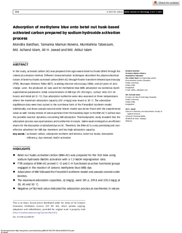 (PDF) Adsorption of methylene blue onto betel nut husk-based activated carbon prepared by sodium ...