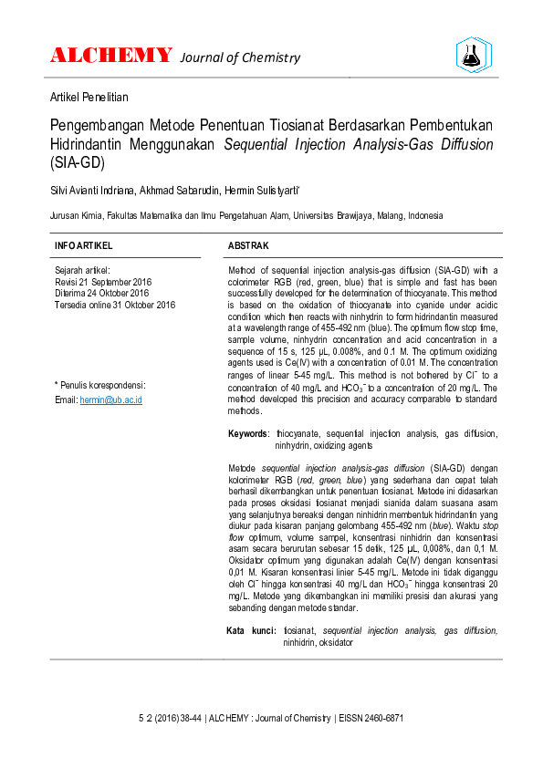 (PDF) Pengembangan Metode Penentuan Tiosianat Berdasarkan Pembentukan Hidrindantin Menggunakan ...