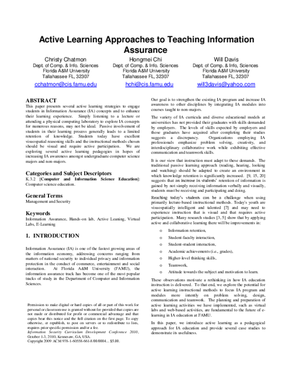 (PDF) Active learning approaches to teaching information assurance | Christy Chatmon - Academia.edu