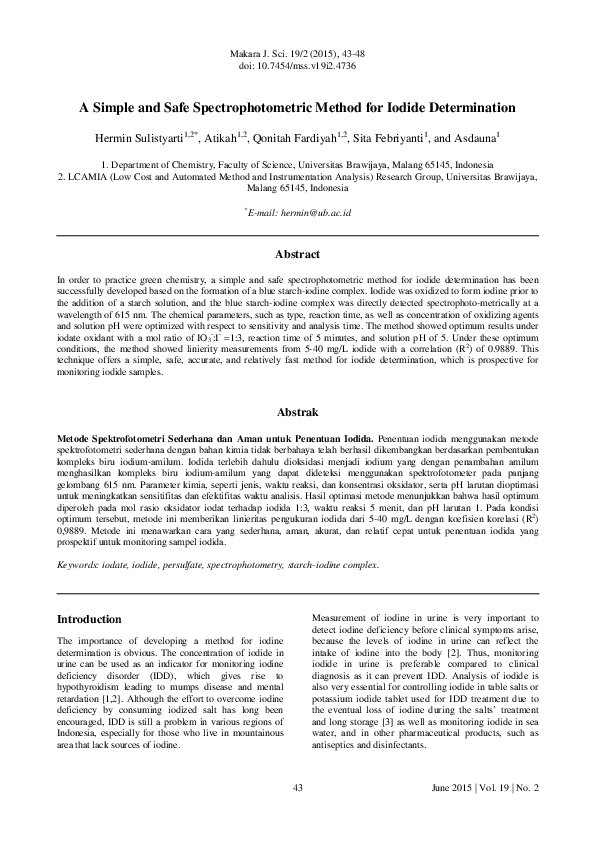 Pdf A Simple And Safe Spectrophotometric Method For Iodide Determination