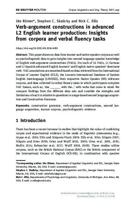 (PDF) Verb-argument constructions in advanced L2 English learner production: Insights from ...