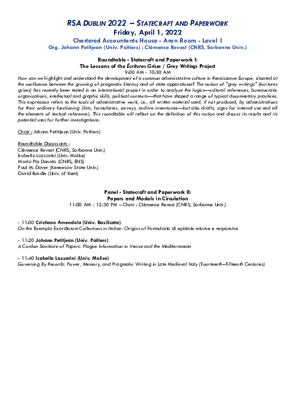 (PDF) Statecraft & Paperwork: roundtable and panel (Renaissance Society ...