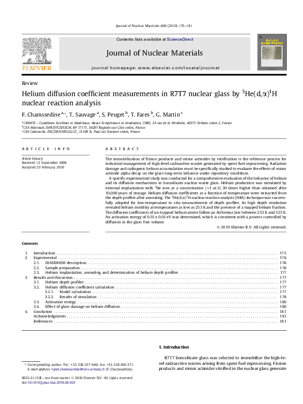 (PDF) Helium diffusion coefficient measurements in R7T7 nuclear glass ...