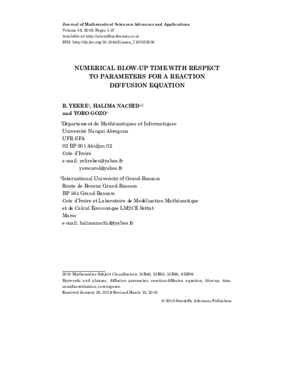(PDF) Numerical Blow-Up Time with Respect to Parameters for a Reaction ...