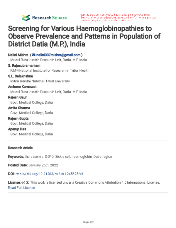 (PDF) Screening for Various Haemoglobinopathies to Observe Prevalence ...