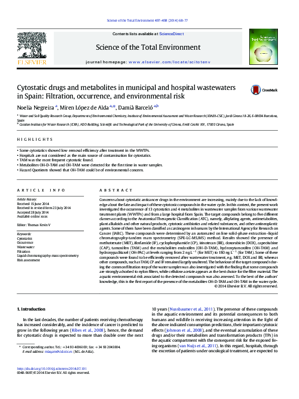 (PDF) Cytostatic drugs and metabolites in municipal and hospital ...