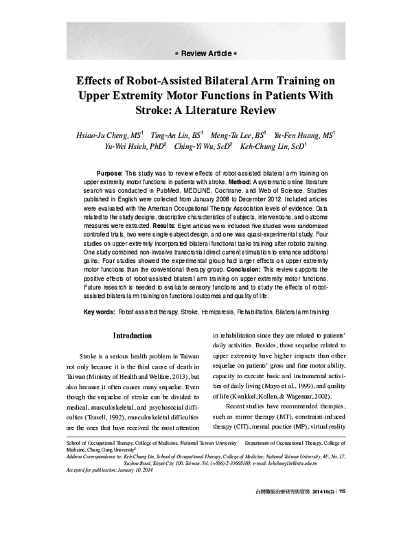 (PDF) Effects of Robot-Assisted Bilateral Arm Training on Upper ...