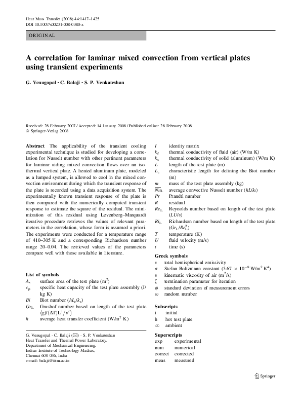 Pdf A Correlation For Laminar Mixed Convection From Vertical Plates Using Transient Experiments