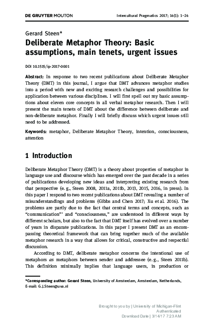 (PDF) Deliberate Metaphor Theory: Basic assumptions, main tenets, urgent issues
