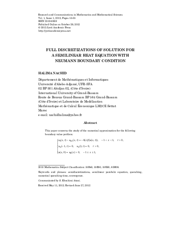 Pdf Full Discretizations Of Solution For A Semilinear Heat Equation With Neumann Boundary