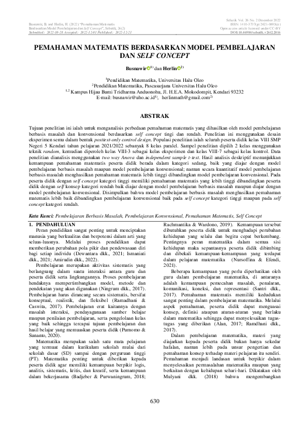 (PDF) Pemahaman Matematis Berdasarkan Model Pembelajaran Dan Self Concept