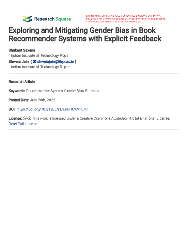 Pdf Exploring And Mitigating Gender Bias In Book Recommender Systems With Explicit Feedback