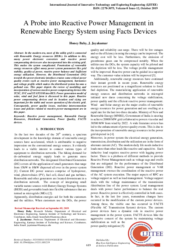 (PDF) A Probe into Reactive Power Management in Renewable Energy System using Facts Devices