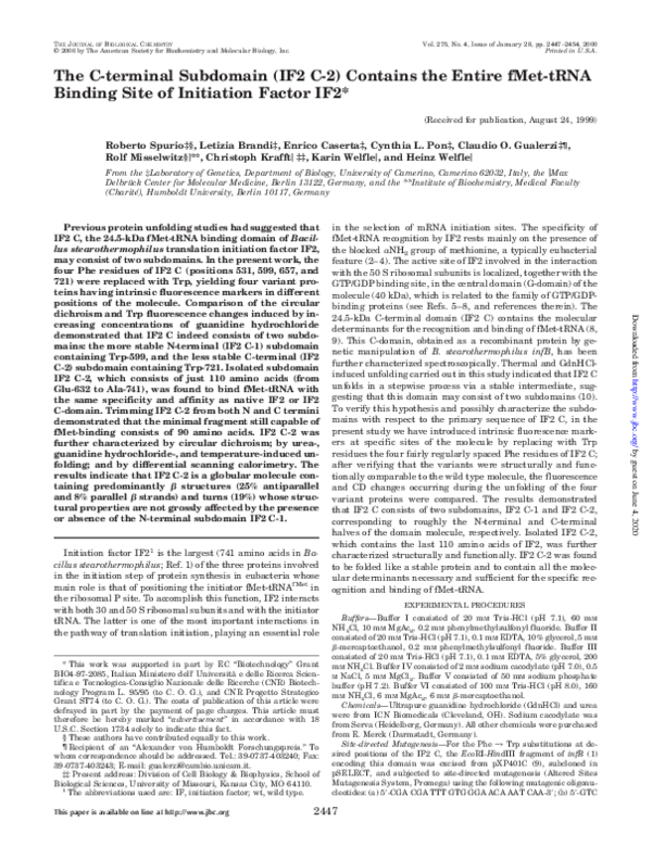 Pdf The C Terminal Subdomain If2 C 2 Contains The Entire Fmet Trna