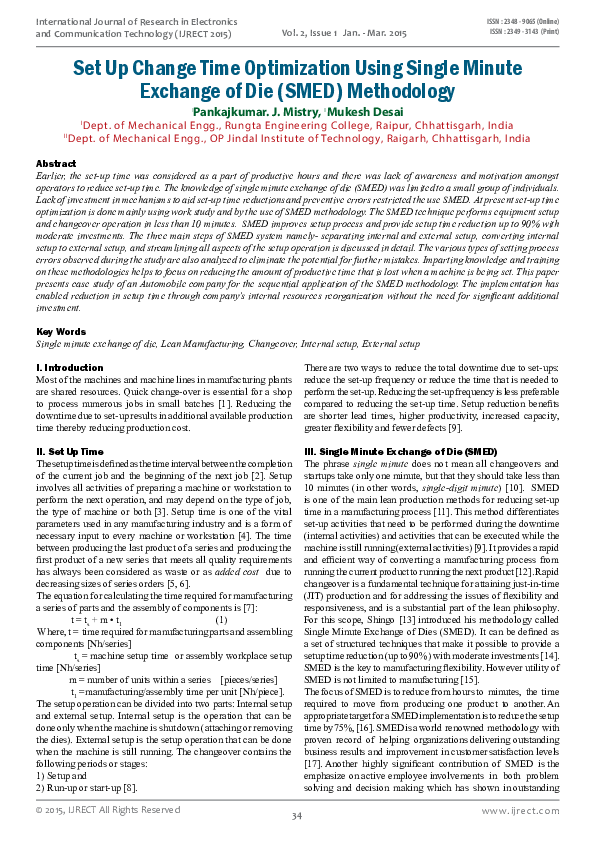 (PDF) Set Up Change Time Optimization Using Single Minute Exchange of Die (SMED) Methodology