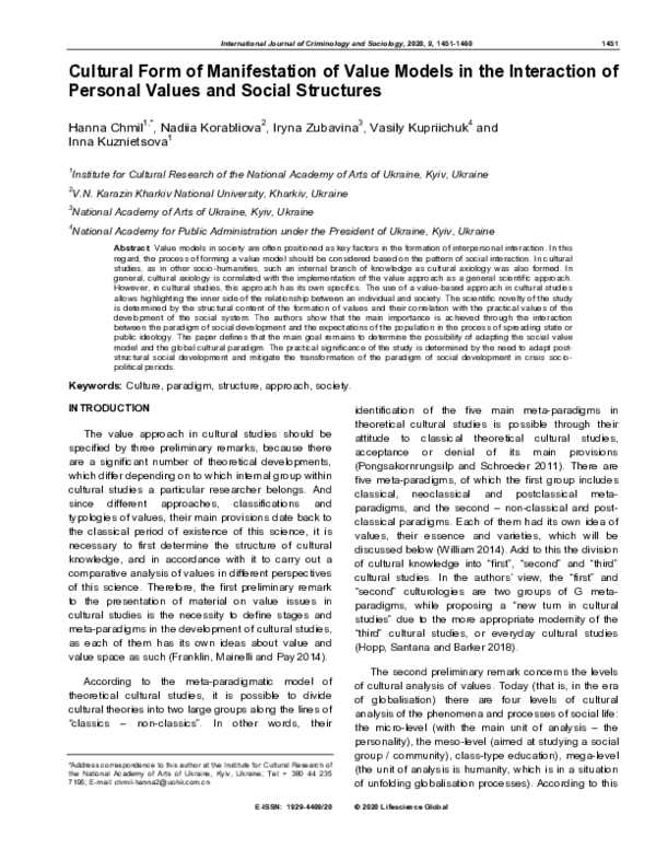 (PDF) Cultural Form of Manifestation of Value Models in the Interaction of Personal Values and ...