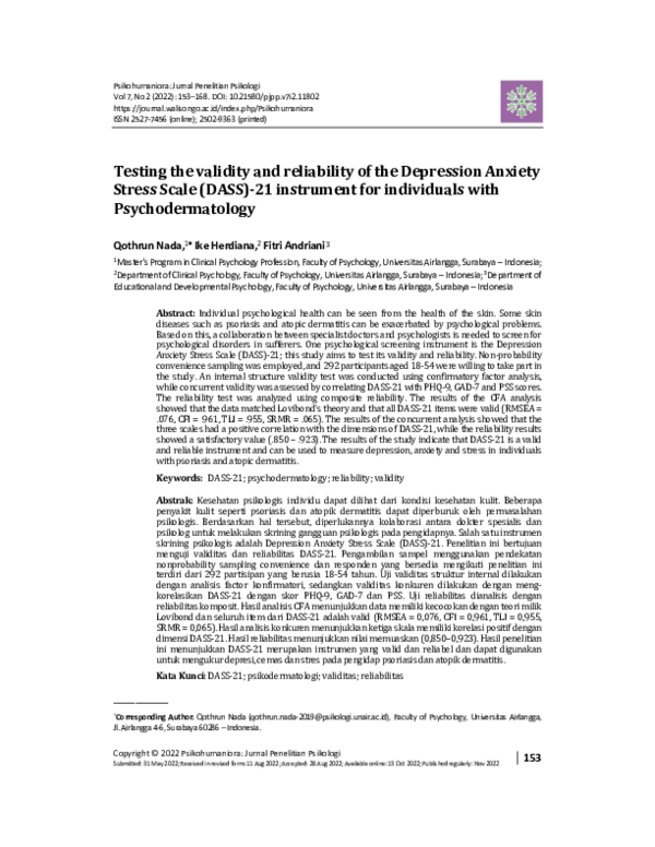 (PDF) Testing the validity and reliability of the Depression Anxiety ...