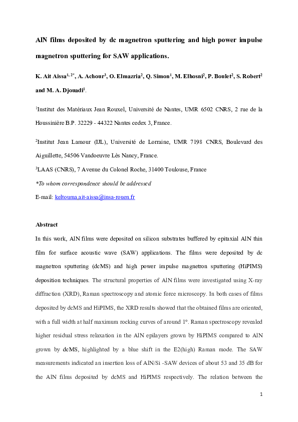 (PDF) AlN films deposited by dc magnetron sputtering and high power ...