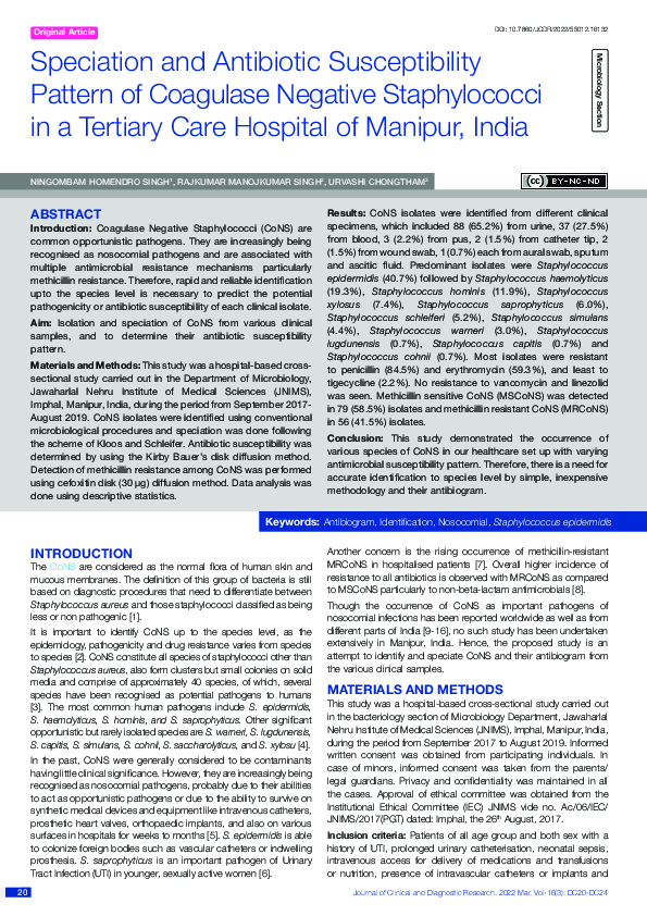 (PDF) Speciation and Antibiotic Susceptibility Pattern of Coagulase Negative Staphylococci in a ...