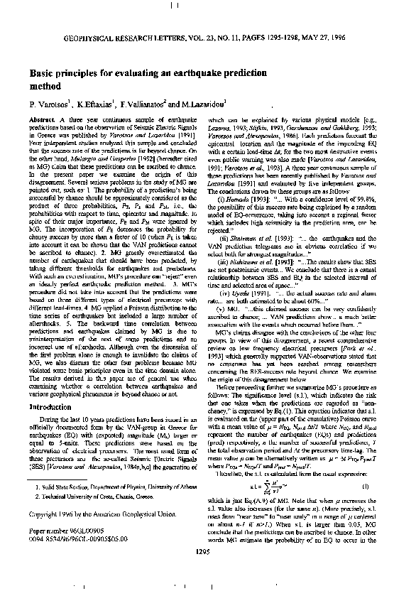 (PDF) Basic principles for evaluating an earthquake prediction method