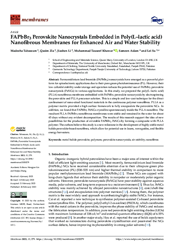 (PDF) FAPbBr3 Perovskite Nanocrystals Embedded in Poly(L–lactic acid) Nanofibrous Membranes for ...