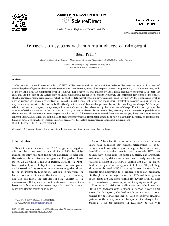 (PDF) Refrigeration systems with minimum charge of refrigerant