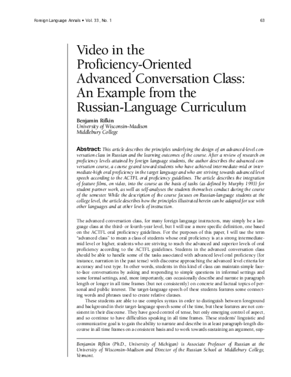 (PDF) Video in the Proficiency-Oriented Advanced Conversation Class: An ...