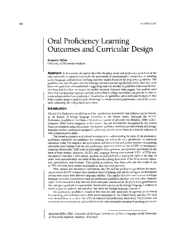 (PDF) Oral Proficiency Learning Outcomes and Curricular Design