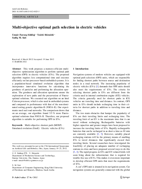 Pdf Efficient Multi Objective Path Optimization For Electric Vehicles