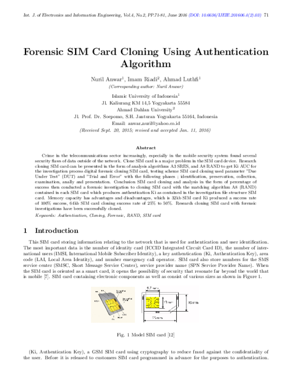 (PDF) Forensic SIM Card Cloning Using Authentication Algorithm
