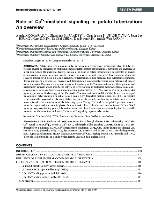(PDF) Role of Ca(superscript 2+)-Mediated Signaling in Potato Tuberization: An Overview