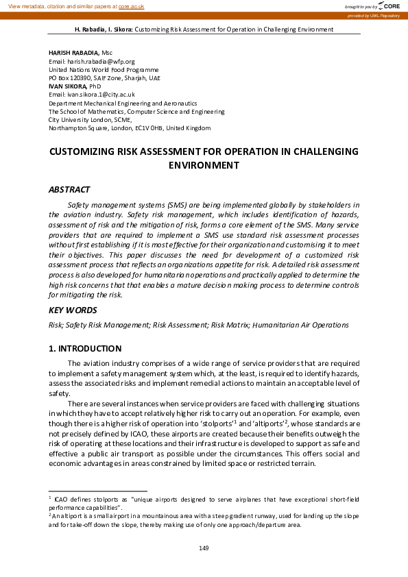 (PDF) Customizing Risk Assessment for Operation in Challenging ...