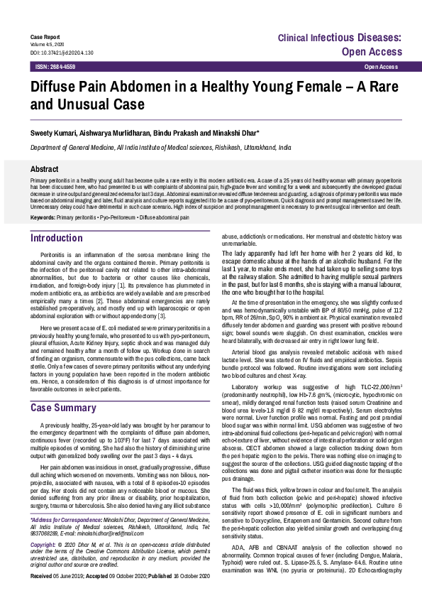 (PDF) Diffuse Pain Abdomen in a Healthy Young Female ??? A Rare and ...