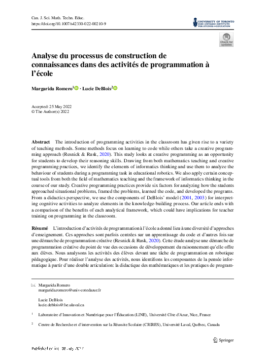 (PDF) Analyse du processus de construction de connaissances dans des activités de programmation ...
