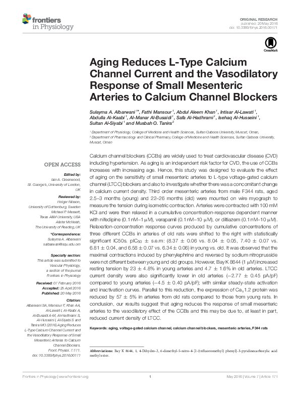 (PDF) Aging Reduces L-Type Calcium Channel Current and the Vasodilatory ...