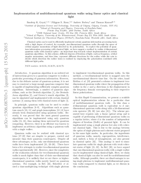 Pdf Implementation Of Multidimensional Quantum Walks Using Linear Optics And Classical Light 