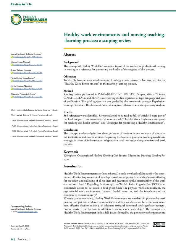 (PDF) Healthy work environments and nursing teaching-learning process: a scoping review