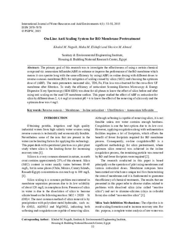 (PDF) On-Line Anti Scaling System for RO Membrane Pretreatment