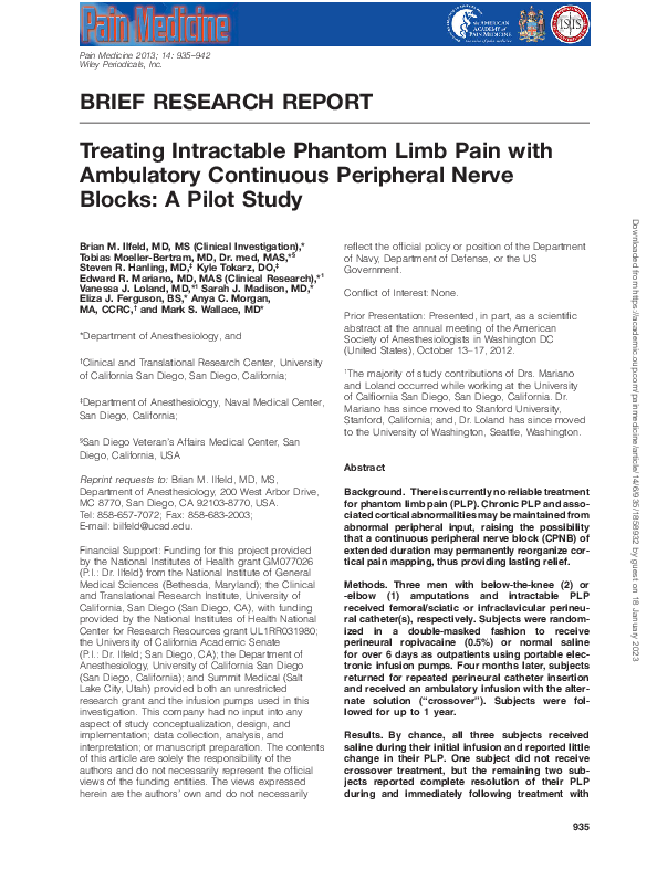 (PDF) Treating Intractable Phantom Limb Pain with Ambulatory Continuous Peripheral Nerve Blocks ...