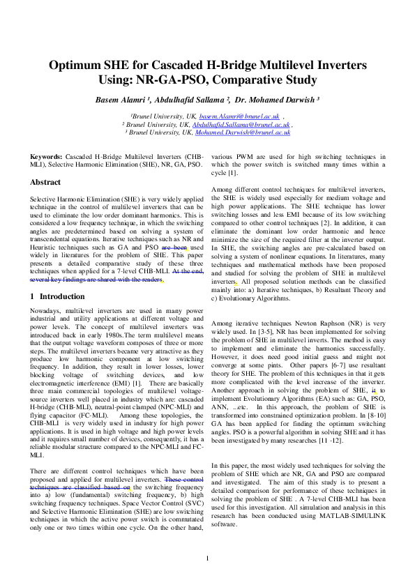 (PDF) Optimum SHE for Cascaded H-Bridge Multilevel Inverters Using: NR-GA-PSO, Comparative Study