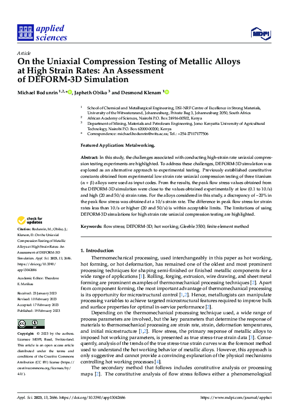 Pdf On The Uniaxial Compression Testing Of Metallic Alloys At High