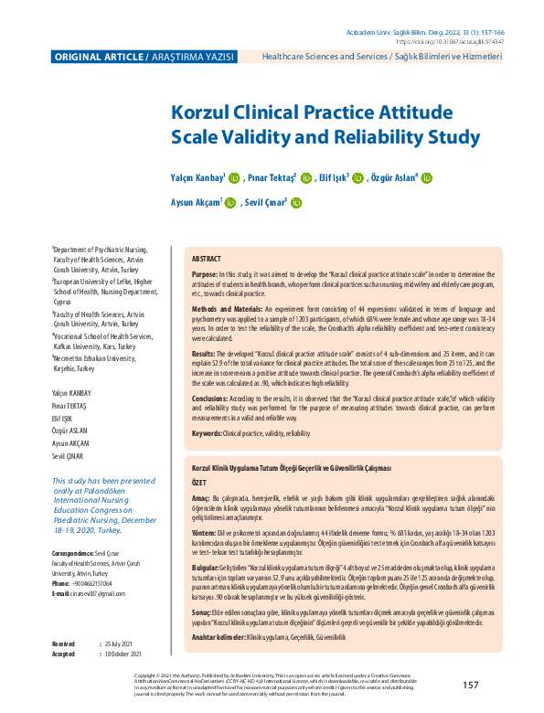 (PDF) Korzul Clinical Practice Attitude Scale Validity And Reliability Study