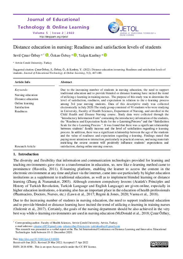 (PDF) Distance education in nursing: Readiness and satisfaction levels ...