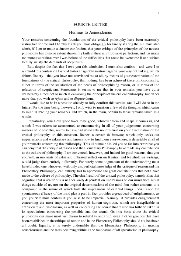 (PDF) Aenesidemus: Fourth Letter