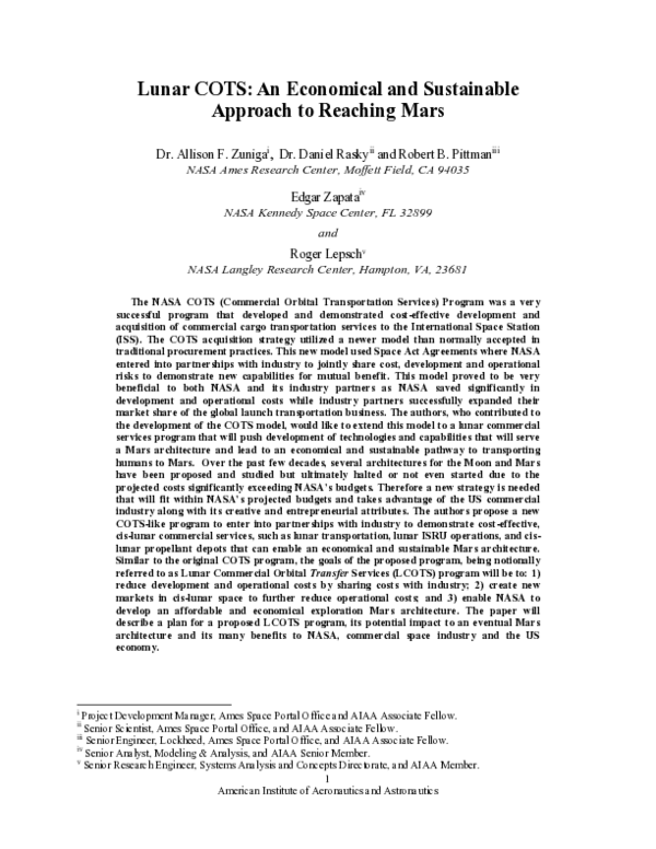 (PDF) Lunar COTS: An Economical and Sustainable Approach to Reaching Mars
